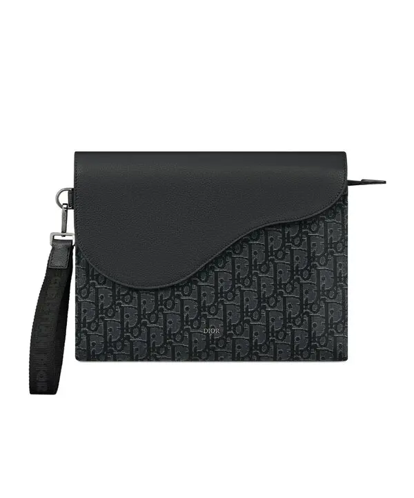 Dior Saddle A5 Triangle Pouch In Silver-tone Metallic Oblique Jacquard And Grained Calfskin - Black