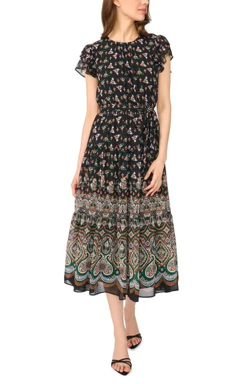 CECE DUPRAZ Floral Print Flutter Sleeve Midi Dress