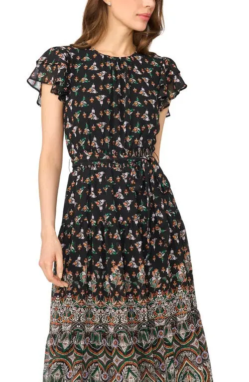 CECE DUPRAZ Floral Print Flutter Sleeve Midi Dress