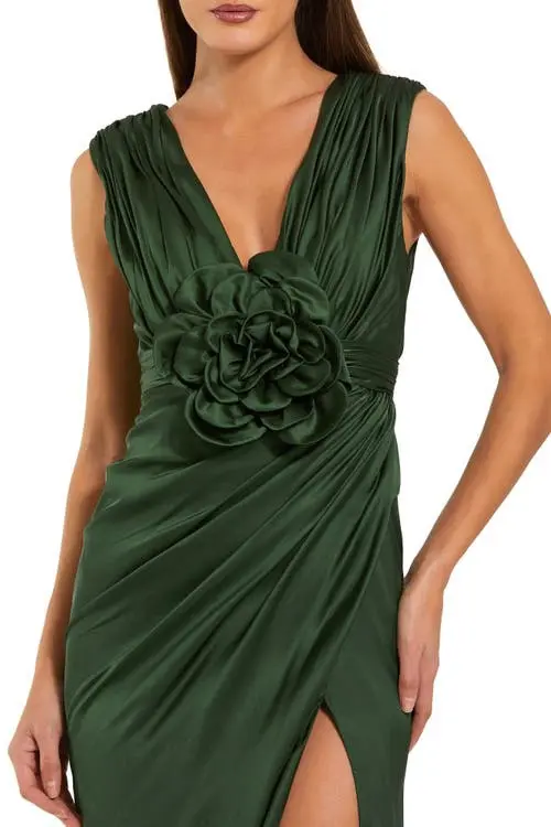 Mac Duggal Charmeuse Gown With 3d Flower Appliqué And Slit