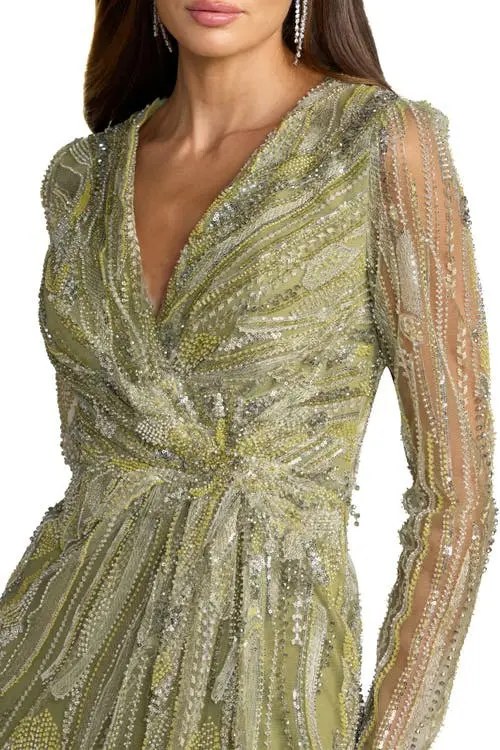 Mac Duggal Hand Embellished V-neck Column Gown