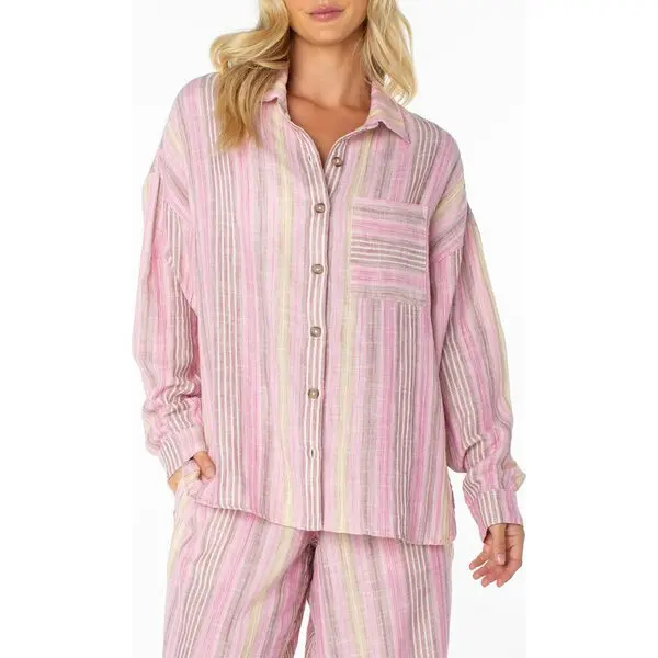 Roxy Lets Get Away Striped Cotton Button-up Shirt - Fuchsia Pink