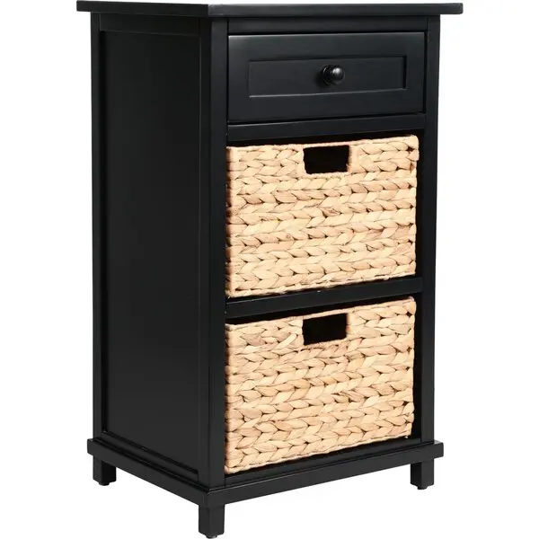 HAPPIMESS Malibu Rustic Handcrafted Acacia Wood Accent Storage Nightstand With Drawer And 2 Water Hyacinth Woven Baskets - Black