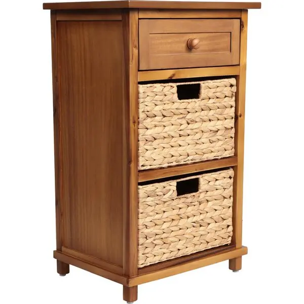 HAPPIMESS Malibu Rustic Handcrafted Acacia Wood Accent Storage Nightstand With Drawer And 2 Water Hyacinth Woven Baskets - Natural