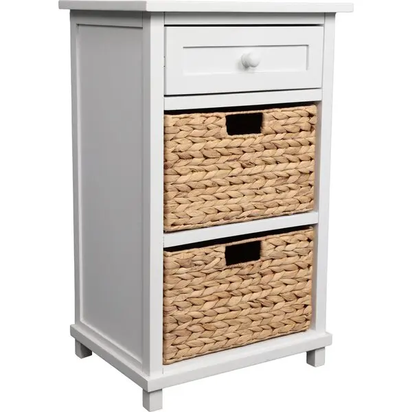 HAPPIMESS Malibu Rustic Handcrafted Acacia Wood Accent Storage Nightstand With Drawer And 2 Water Hyacinth Woven Baskets - White