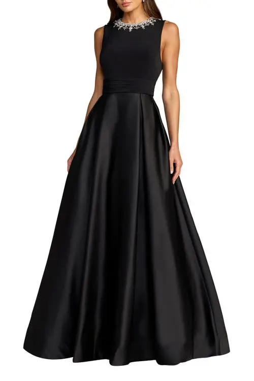 Mac Duggal Petite Pearl-embellished High-neck Sleeveless A-line Evening Gown - Black