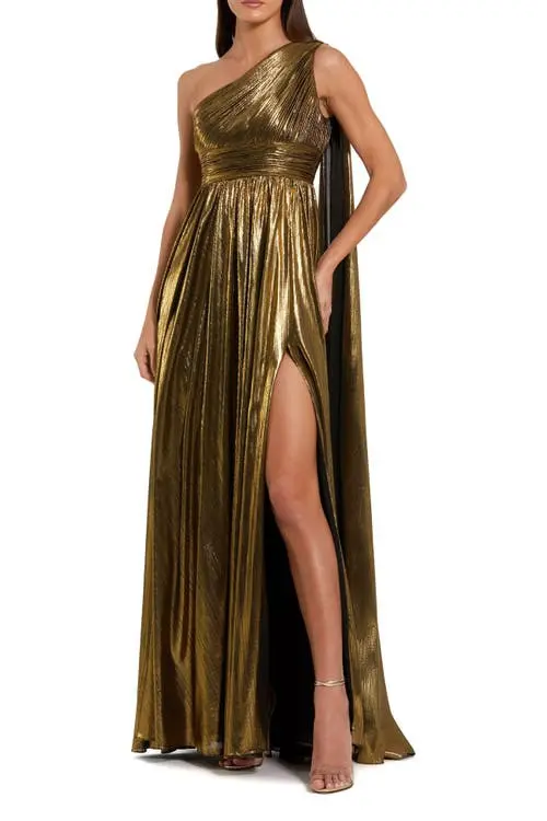 Mac Duggal One Shoulder Metallic Stretch Gown With Float - Gold