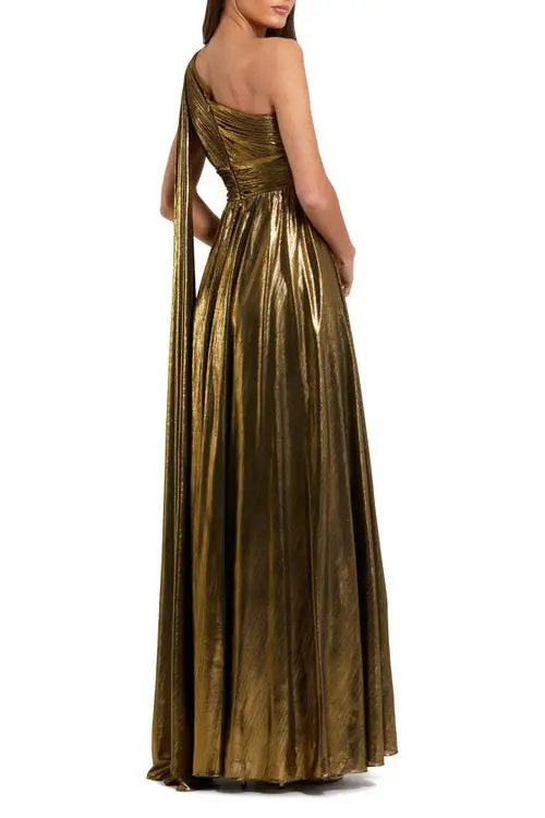 Mac Duggal One Shoulder Metallic Stretch Gown With Float