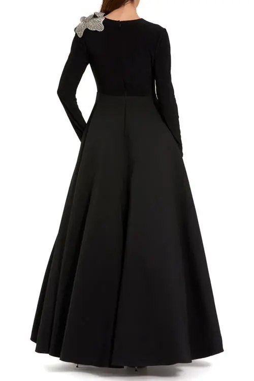 Mac Duggal Petite Long Sleeve Taffeta Ball Gown With 3d Flower Embellishment