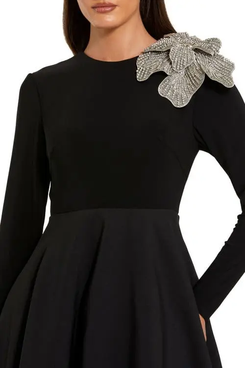 Mac Duggal Petite Long Sleeve Taffeta Ball Gown With 3d Flower Embellishment