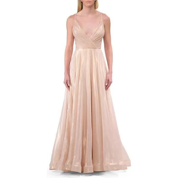 La Femme Metallic Chiffon Gown With Ruched Bodice And Slit - Light Gold