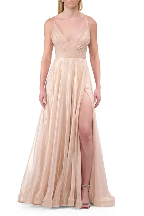 La Femme Metallic Chiffon Gown With Ruched Bodice And Slit