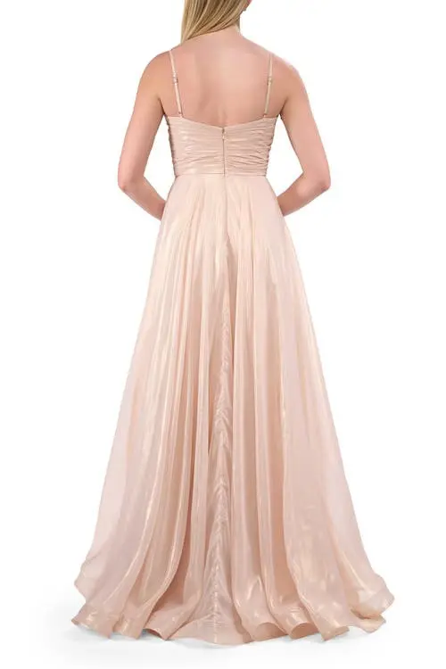 La Femme Metallic Chiffon Gown With Ruched Bodice And Slit