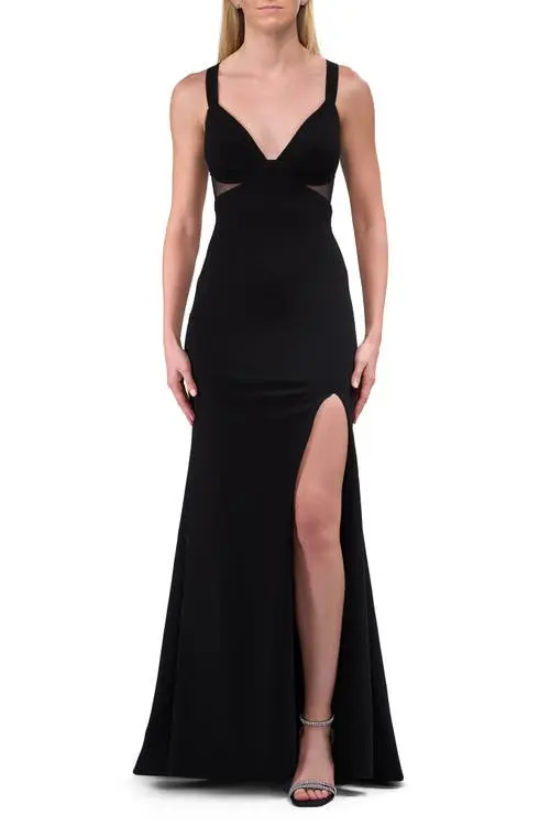 La Femme Evening Dress With Illusion Mesh Sides And Thigh-high Slit