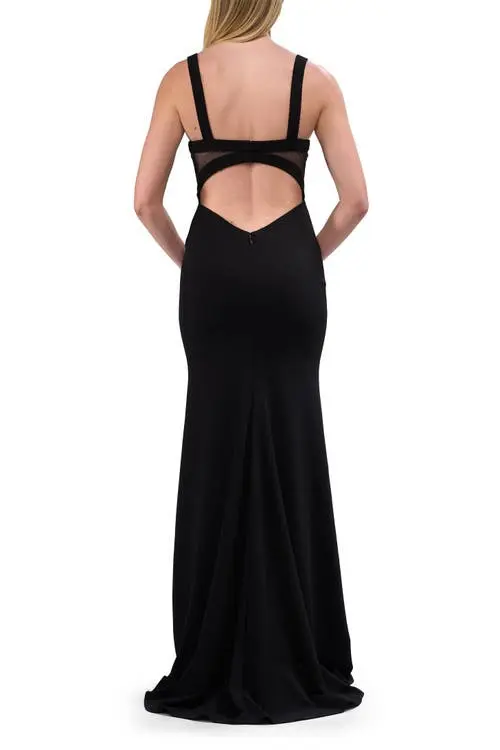 La Femme Evening Dress With Illusion Mesh Sides And Thigh-high Slit