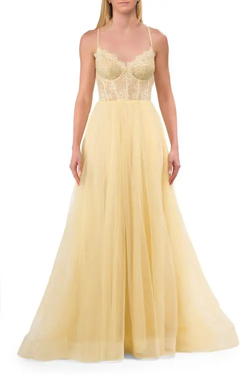 La Femme Tulle Gown With Lace Bodice And Thigh-high Slit - Pale Yellow