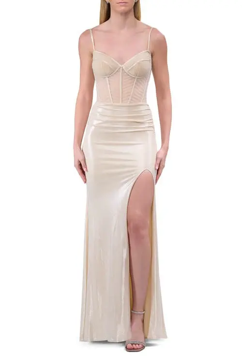 La Femme Metallic Prom Dress With Intricate Ruched Corset Top - Champagne