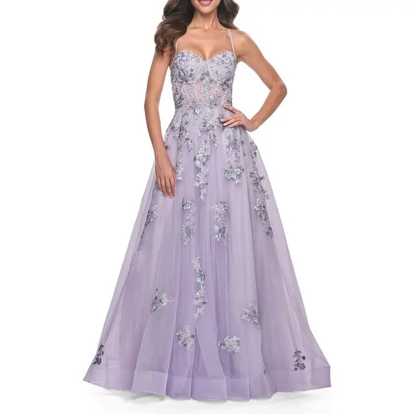 La Femme A-line Tulle Prom Dress With Two-tone Lace Appliqu - Lavender