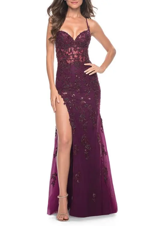 La Femme Long Tulle Gown With Beaded Lace Applique And Thigh-high Slit - Dark Berry