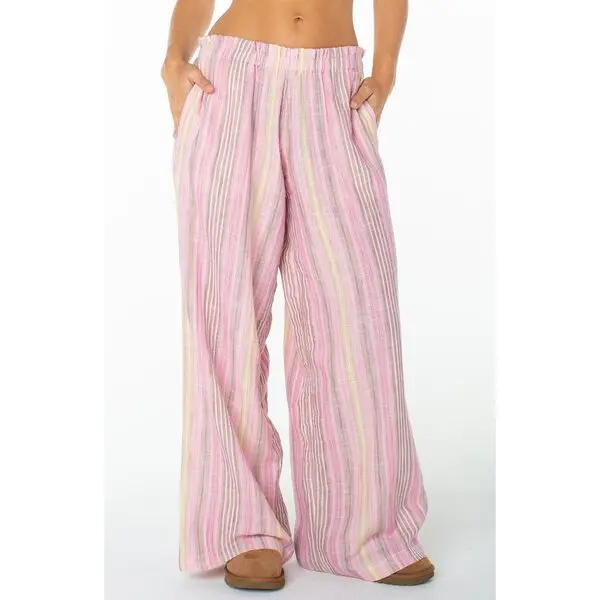 Roxy Offshore Stripe Wide Leg Cotton Pants - Fuchsia Pink