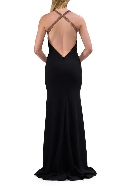 La Femme Evening Gown With Gold Beaded High Neckline And Thigh-high Slit