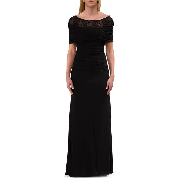 La Femme Ruched Evening Gown With Illusion Lace Neckline