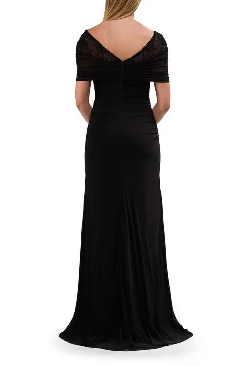 La Femme Ruched Evening Gown With Illusion Lace Neckline