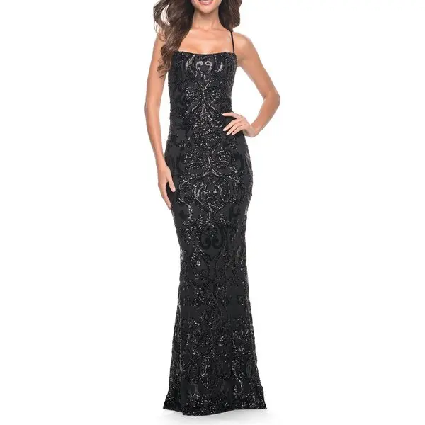 La Femme Printed Sequin Gown With Square Neckline And Strappy Back