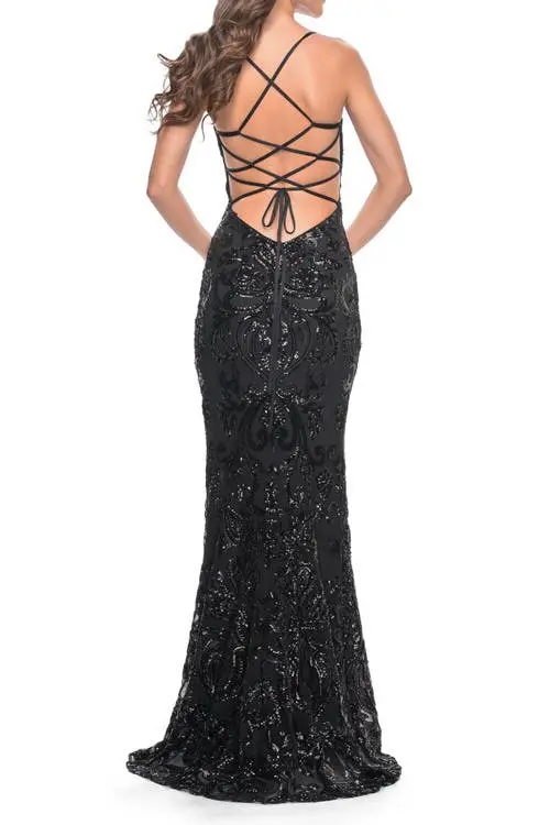 La Femme Printed Sequin Gown With Square Neckline And Strappy Back