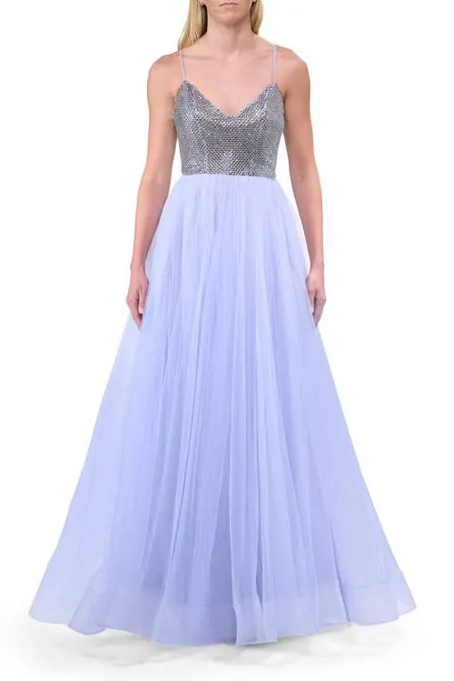 La Femme A-line Tulle Gown With Rhinestone Bodice And Thigh-high Slit - Light Periwinkle