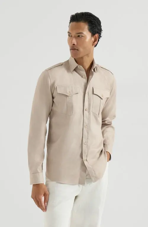 Brunello Cucinelli Garment-dyed Shirt In Cotton Chevron With Spread Collar - White