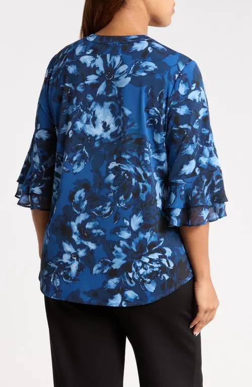 KASPER Floral Print Ruffle Sleeve Top - Blue Night Multi