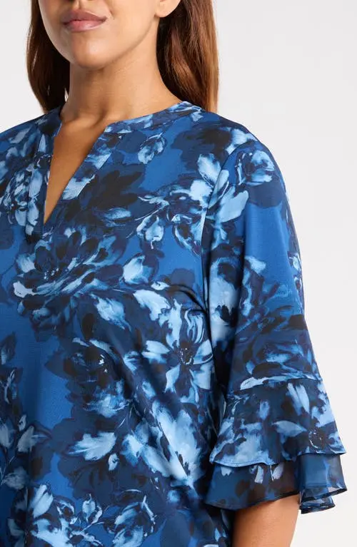 KASPER Floral Print Ruffle Sleeve Top - Blue Night Multi