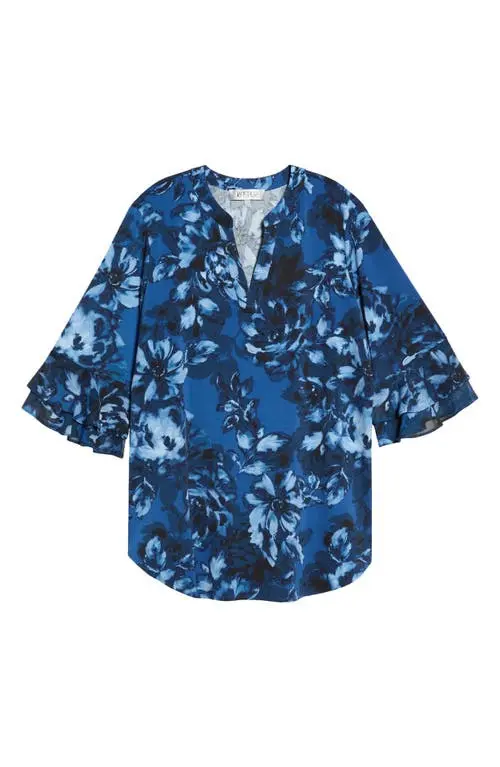 KASPER Floral Print Ruffle Sleeve Top - Blue Night Multi