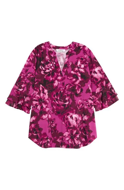 KASPER Floral Print Ruffle Sleeve Top - Cerise Multi
