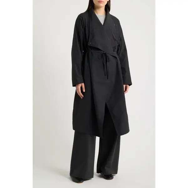 Eileen Fisher Organic Cotton & Recycled Nylon Drape Neck Coat - Black