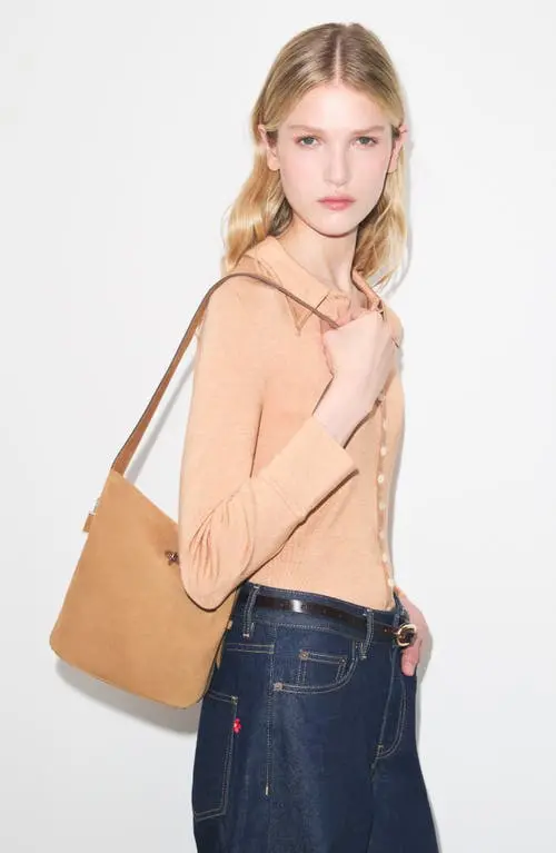 Tory Burch Lock Medium Slim Suede Bucket Bag - Toffee