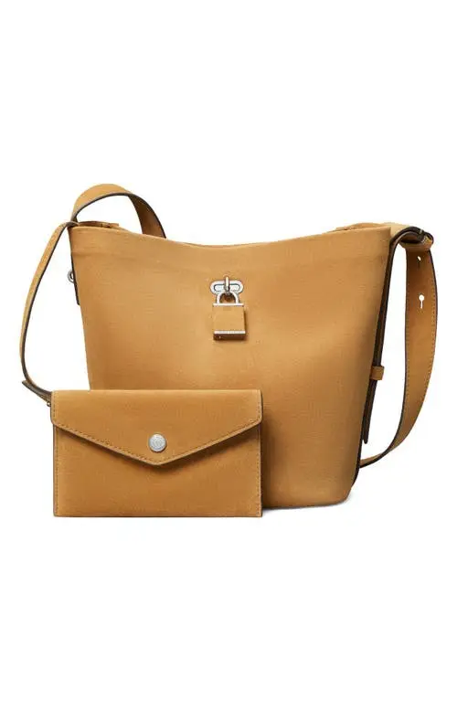 Tory Burch Lock Medium Slim Suede Bucket Bag - Toffee
