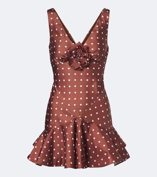 RODARTE Floral-appliqué Polka-dot Silk Twill Minidress - Brown