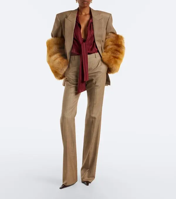 Saint Laurent Prince Of Wales Check Wool Flared Pants - Beige