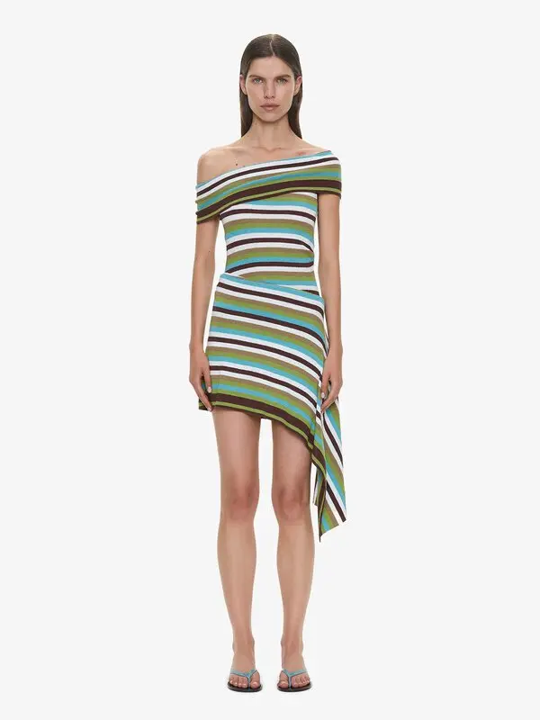 Christopher Esber Off-shoulder Stripe Knit Extension Drape Mini Dress - Vert Stripe