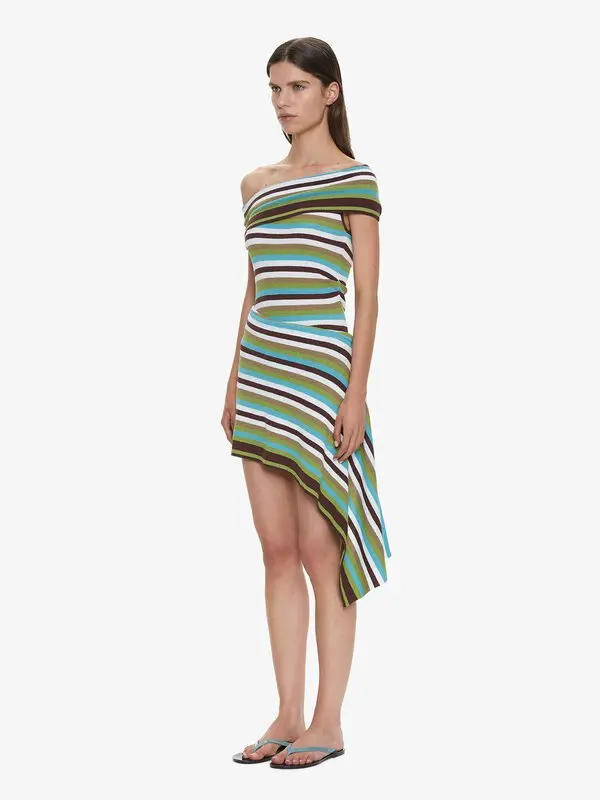 Christopher Esber Off-shoulder Stripe Knit Extension Drape Mini Dress