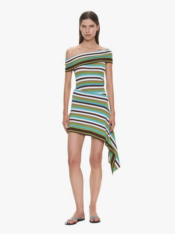 Christopher Esber Off-shoulder Stripe Knit Extension Drape Mini Dress