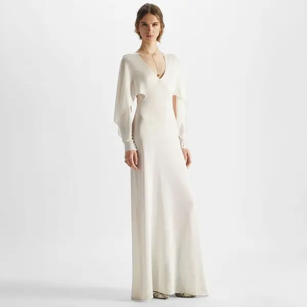 Fendi Ivory Silk Yarn Long Dress With Cape Sleeves