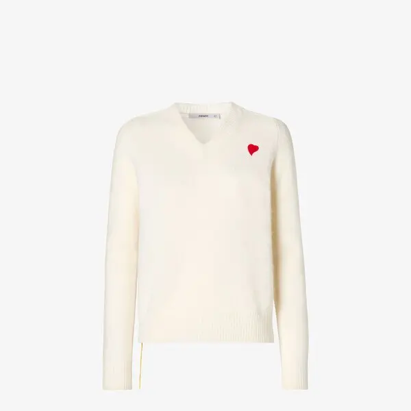 Fendi Ivory Cashmere V-neck Jumper With Embroidered Heart