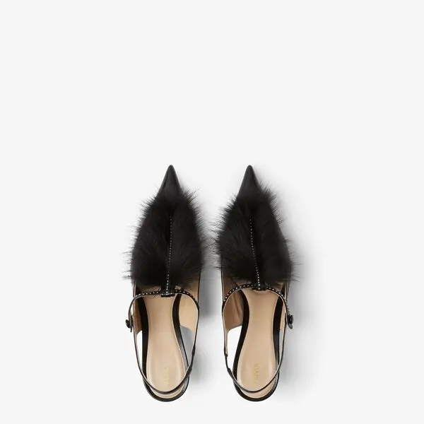 Fendi Noir Slingback "femmes Fatales" In Calfskin With Fox Fur