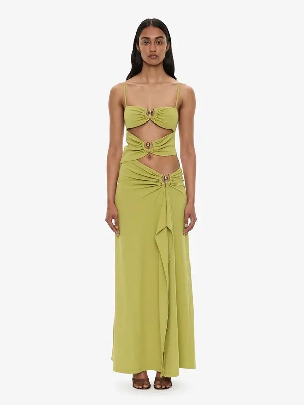 Christopher Esber Orbit Ruched Disconnect Cascade Dress - Dypsis Green