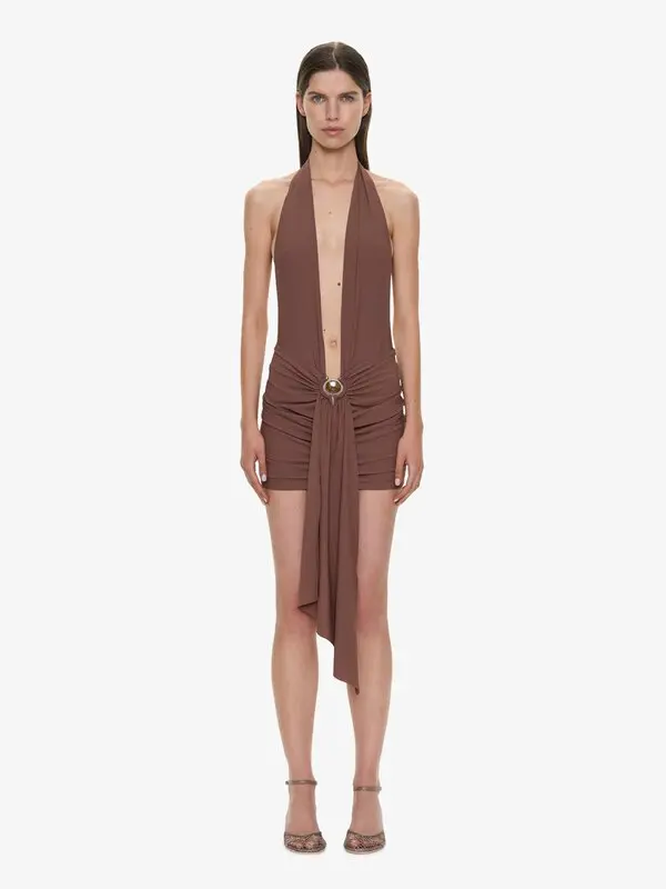 Christopher Esber Pierced Orbit Halter Drape Mini Dress