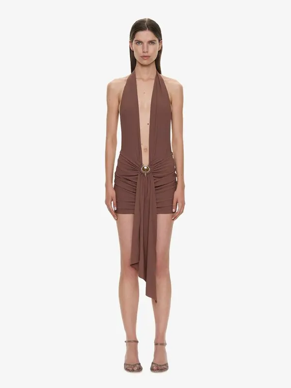 Christopher Esber Pierced Orbit Halter Drape Mini Dress - Husk Brown