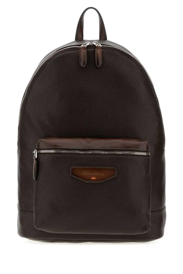 Santoni Dark Leather Backpack With Silver Tone Finishing - Brown
